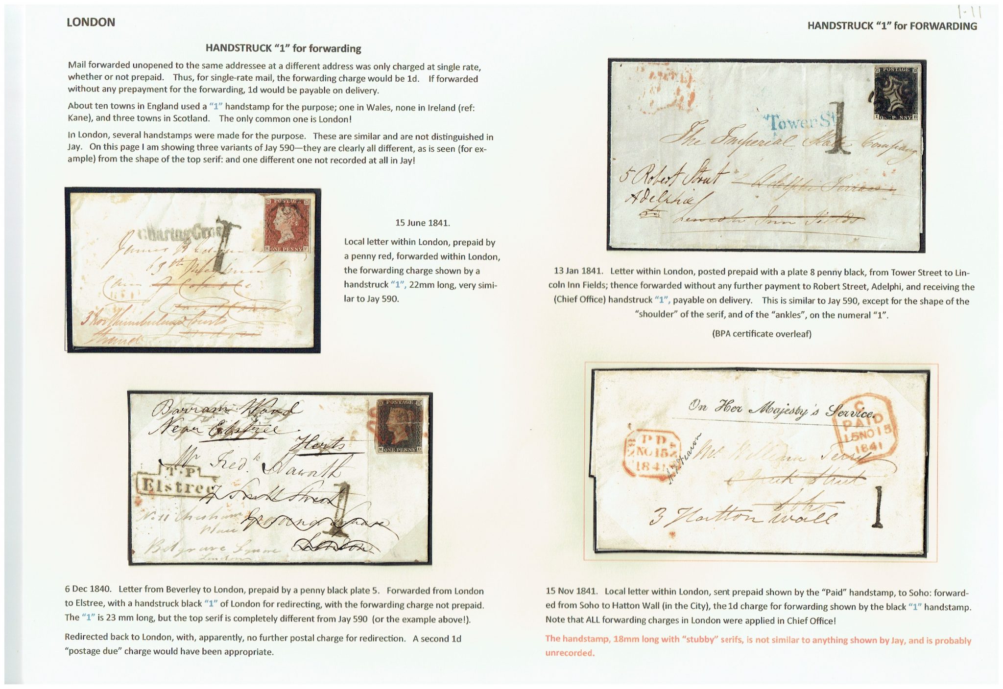 Handstruck Unpaid Charge Marks of the Uniform Penny Post of Great ...