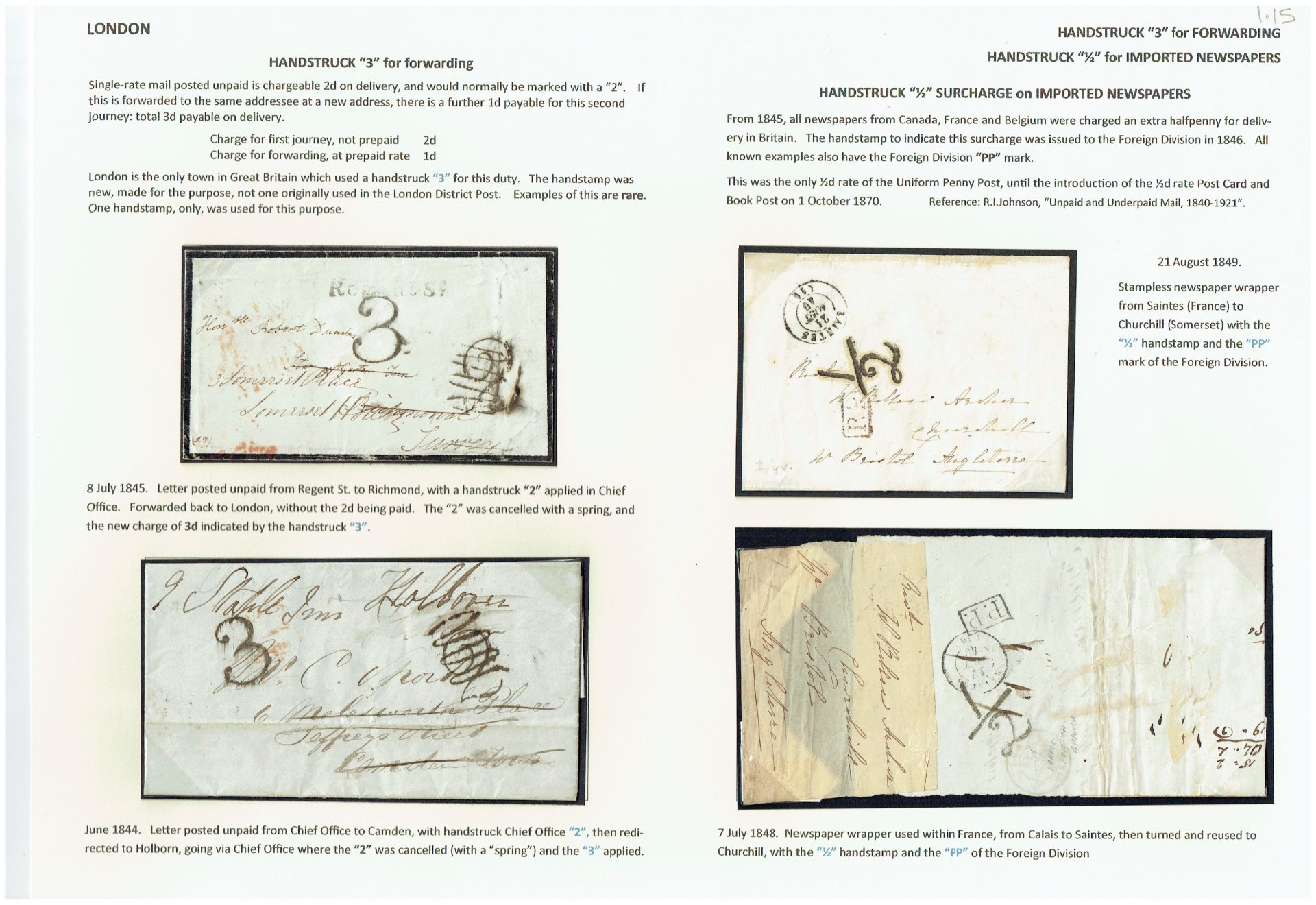 Handstruck Unpaid Charge Marks of the Uniform Penny Post of Great ...